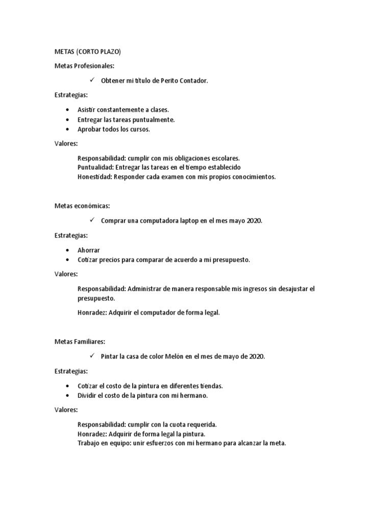 eJEMPLOS DE METAS Proyecto de Vida | PDF | Presupuesto | Economias