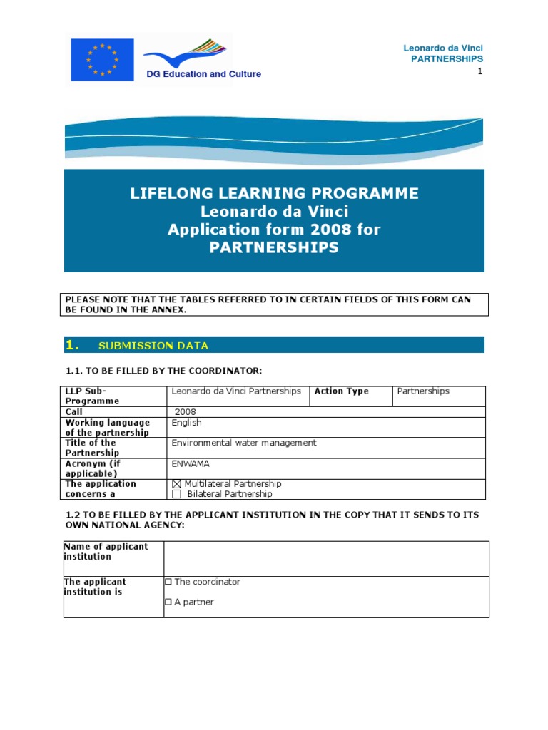 Lifelong Learning Programme Leonardo Da Vinci Application Form 2008 For ...