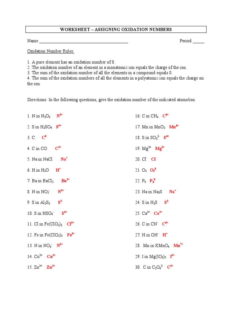Worksheet - Assigning Oxidation Numbers - Key | PDF | Science & Mathematics