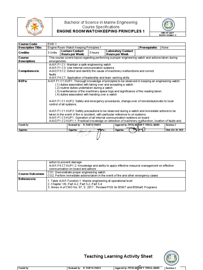 Engine Room Watchkeeping Principles 1: Bachelor of Science in Marine ...