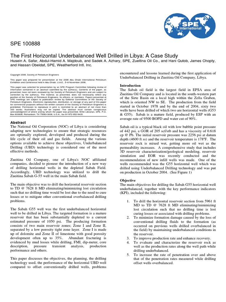 SPE 100888 The First Horizontal Underbalanced Well Drilled in Libya: A ...