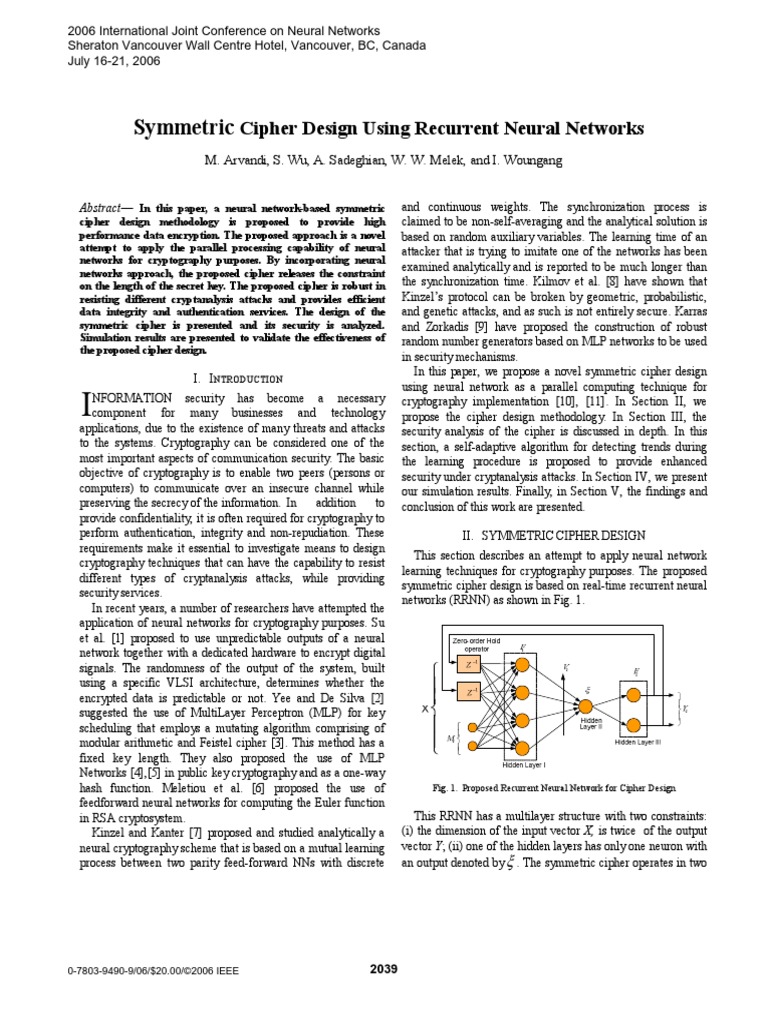 Symmetric Cipher Design Using Recurrent Neural Networks | PDF | Cryptography | Cryptanalysis
