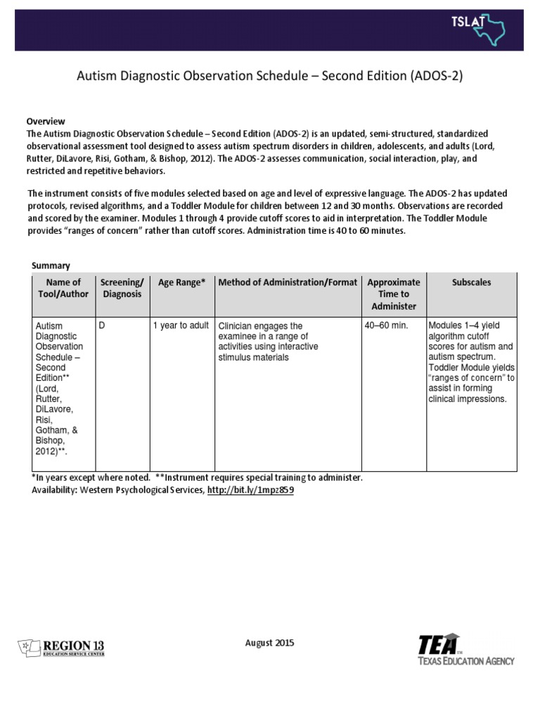 Autism Diagnostic Observation Schedule - Second Edition (ADOS-2) | PDF ...