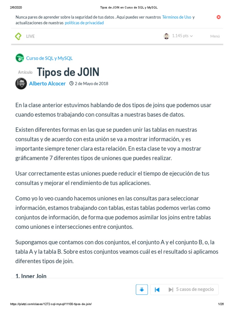 Tipos de JOIN en Curso de SQL y MySQL | PDF | SQL | Gestión de datos