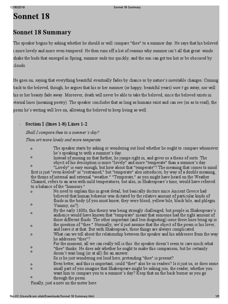 Analysis of Shakespeare's Sonnet 18 | PDF | Poetry | Sonnets