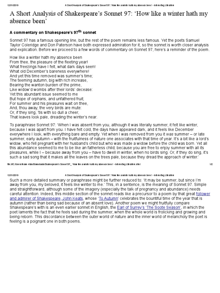 Shakespeare's Sonnet 97 Analysis | PDF | Sonnets | Stanzaic Form