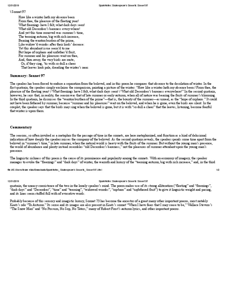 Shakespeare's Sonnet 97 | PDF | Literary Criticism | Poems