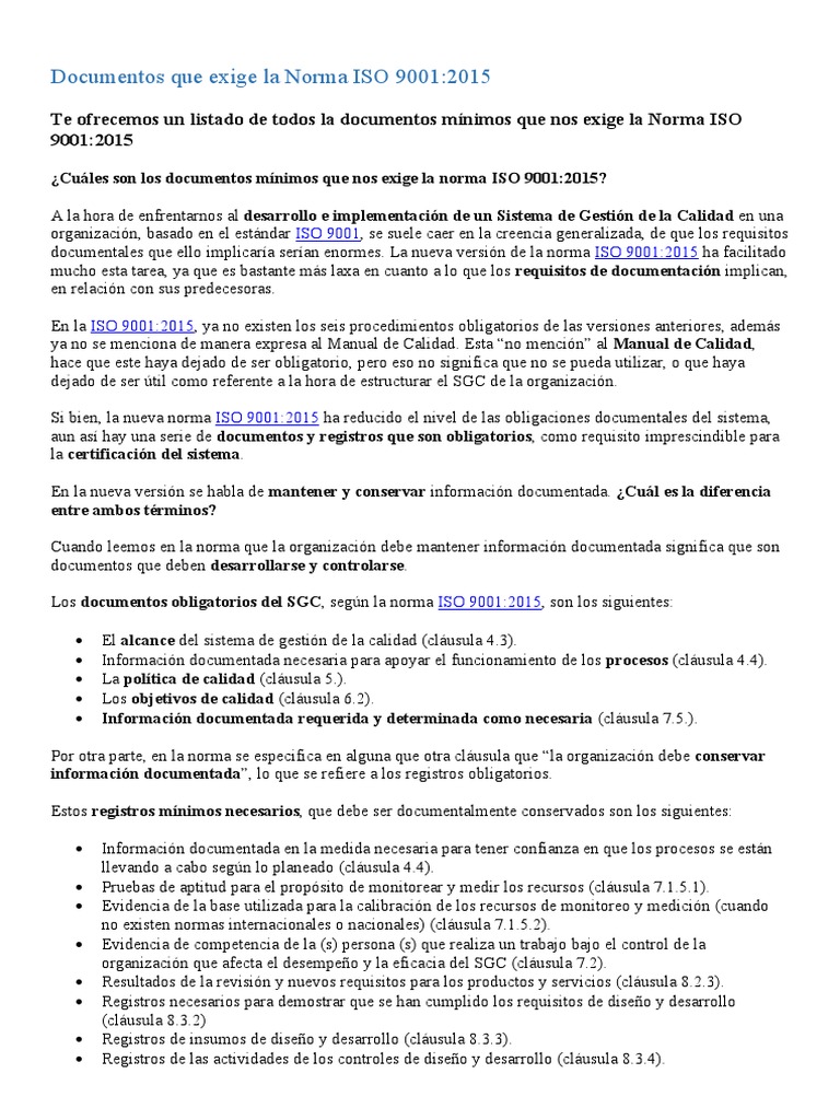Documentos Que Exige La Norma ISO 9001 | PDF | Gestión de la calidad ...
