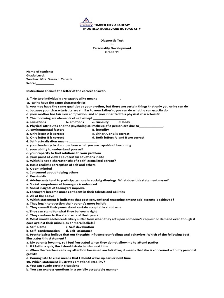 Diagnostic Test Personal Development | PDF | Friendship | Mental Disorder