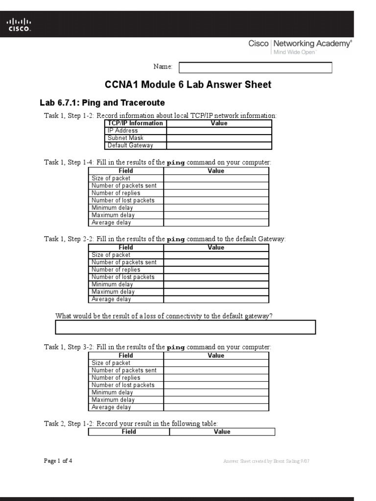 CCNA1 Module 6 Lab Answer Sheet | PDF | Telecommunications | Internet Architecture