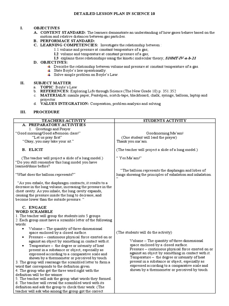 Detailed Lesson Plan in Science 10 | PDF | Gases | Pressure