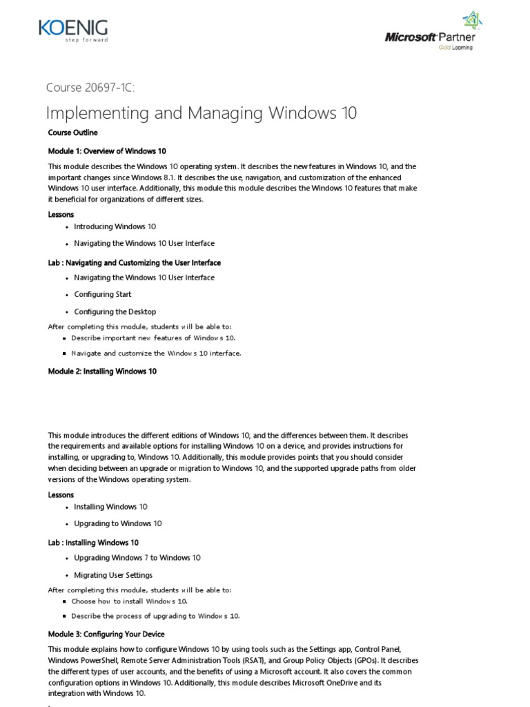 Implementing and Managing Windows 10: Course 20697 1C | PDF | Windows ...