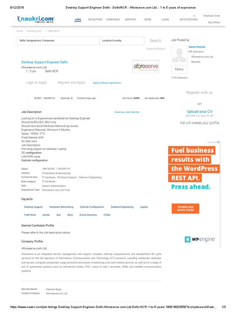 Desktop Support Engineer Delhi - Delhi - NCR - Aforeserve - Com Ltd ...
