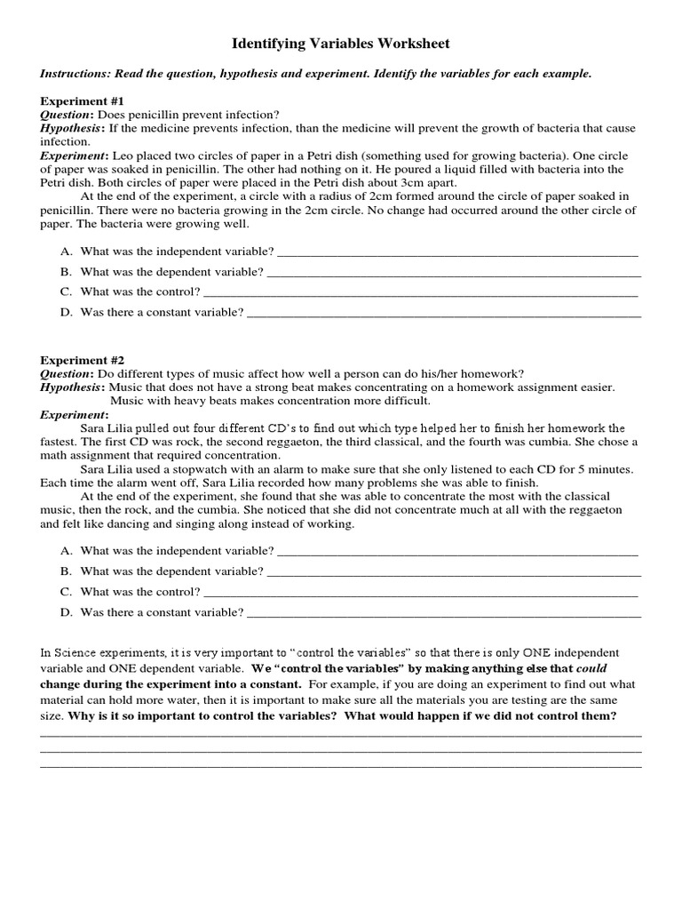 Identifying Variables Worksheet: Experiment #1 | PDF | Experiment | Nature