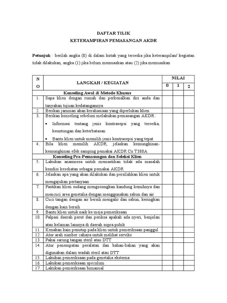 DAFTAR TILIK PENILAIAN KETERAMPILAN PEMASANGAN DAN PENCABUTAN ALAT KONTRASEPSI IMPLAN | PDF