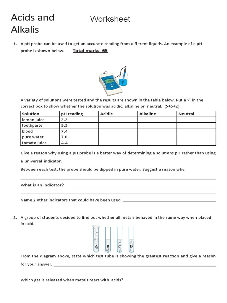 Acid and Alkalis Worksheet | PDF | Ph | Acid