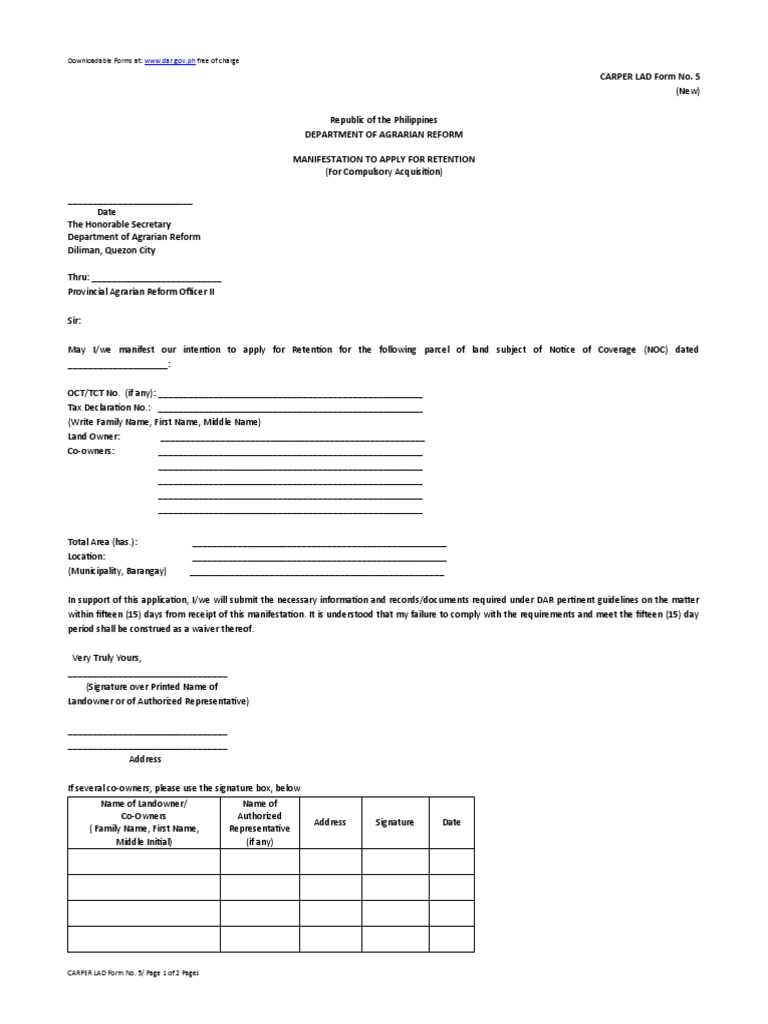 CARPER LAD Form No. 5 for Retention | PDF | Public Law | Civil Law ...