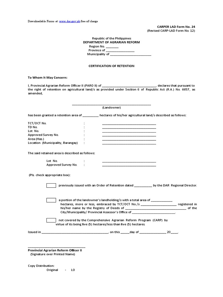 Carper Lad Form No 24 Certificate of Retention | PDF | Real Property ...