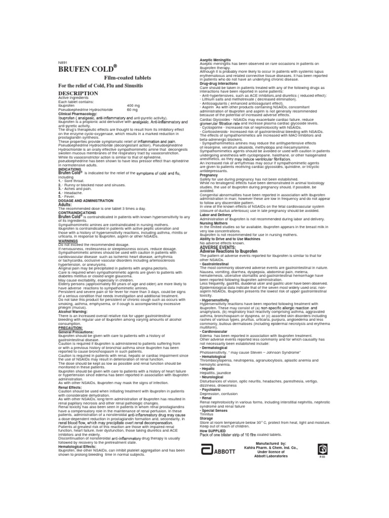 Brufen Cold: Film-Coated Tablets | PDF | Nonsteroidal Anti Inflammatory ...