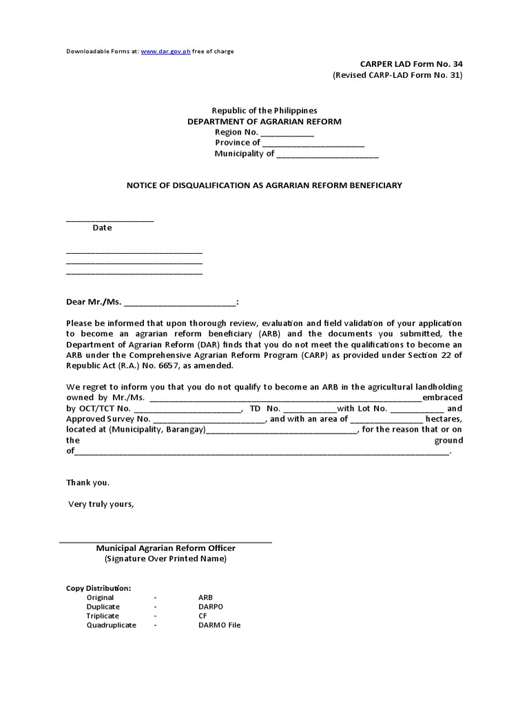 Notice of Disqualification as an Agrarian Reform Beneficiary | PDF