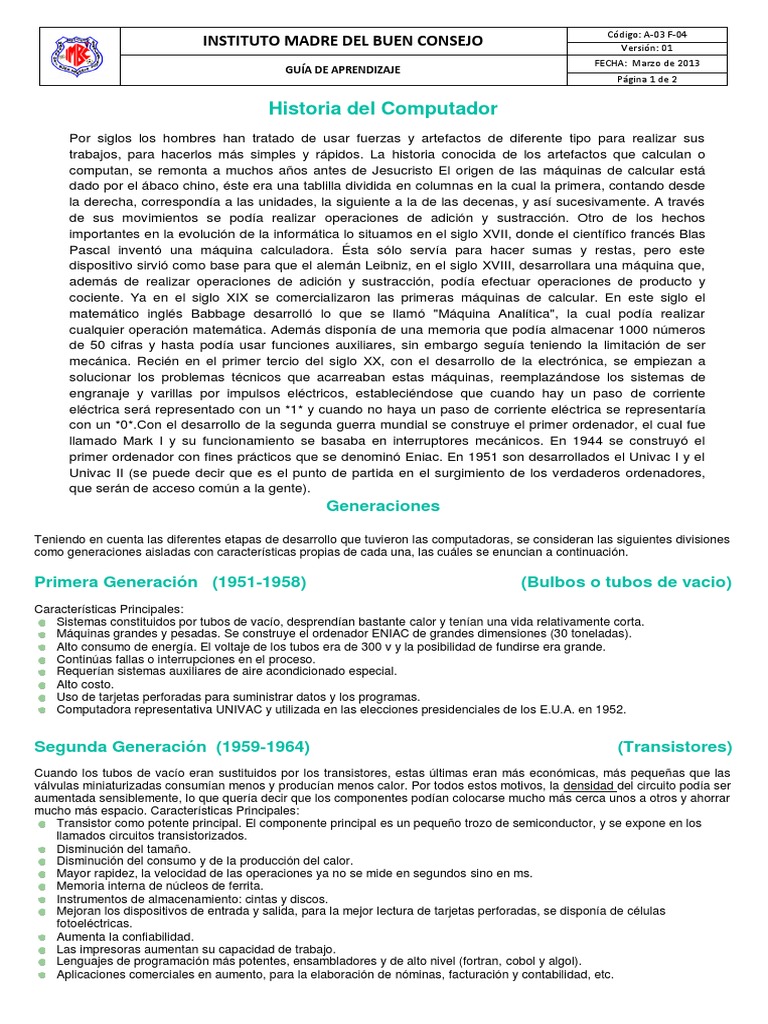 Guía # 2 Historia de La Informática (Generaciones) PDF PDF | PDF ...