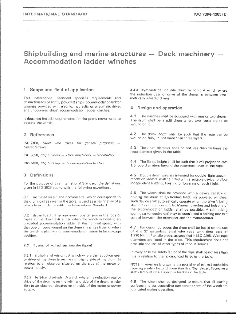 ISO - 7364 Shipbuilding & Mateine Struct., Deck Machinery, Accomodation Ladder Winch - 1983 | PDF