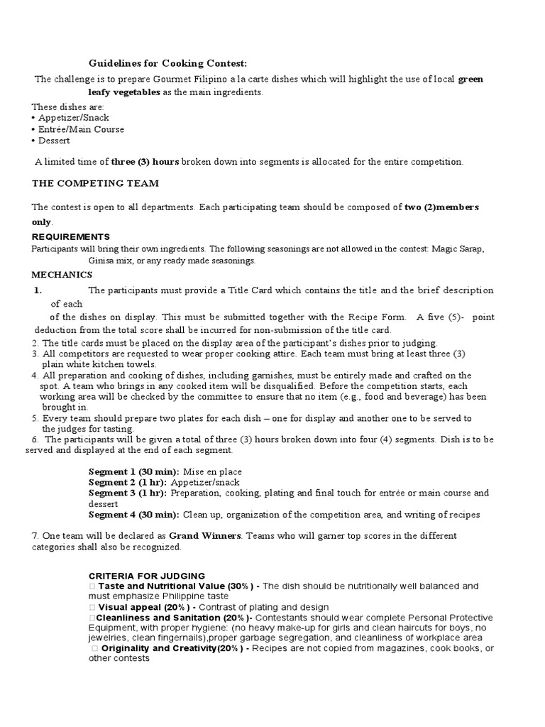 Cooking Contest Guidelines and Criteria | PDF | Hors D'oeuvre | Entrée