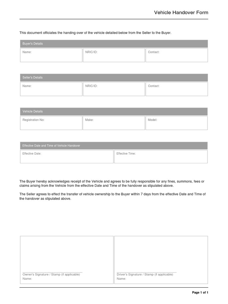 Vehicle Handover Form: Buyer's Details | PDF