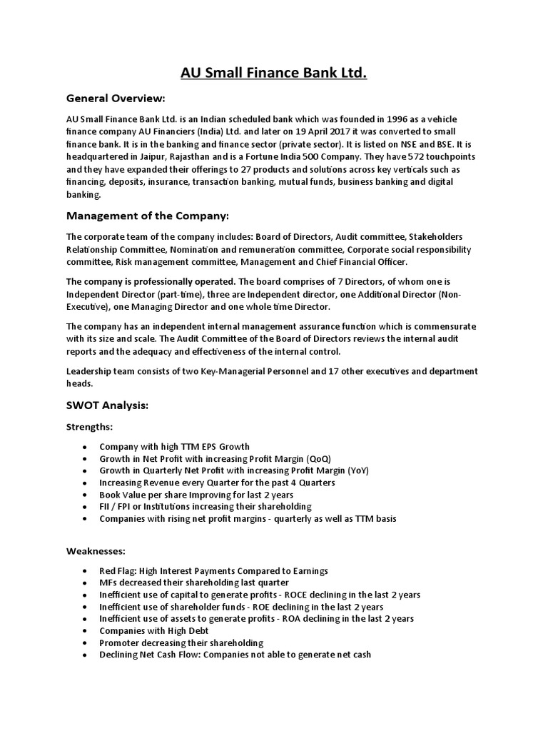 AU Small Finance Bank LTD.: General Overview | PDF | Market Trend | Banks