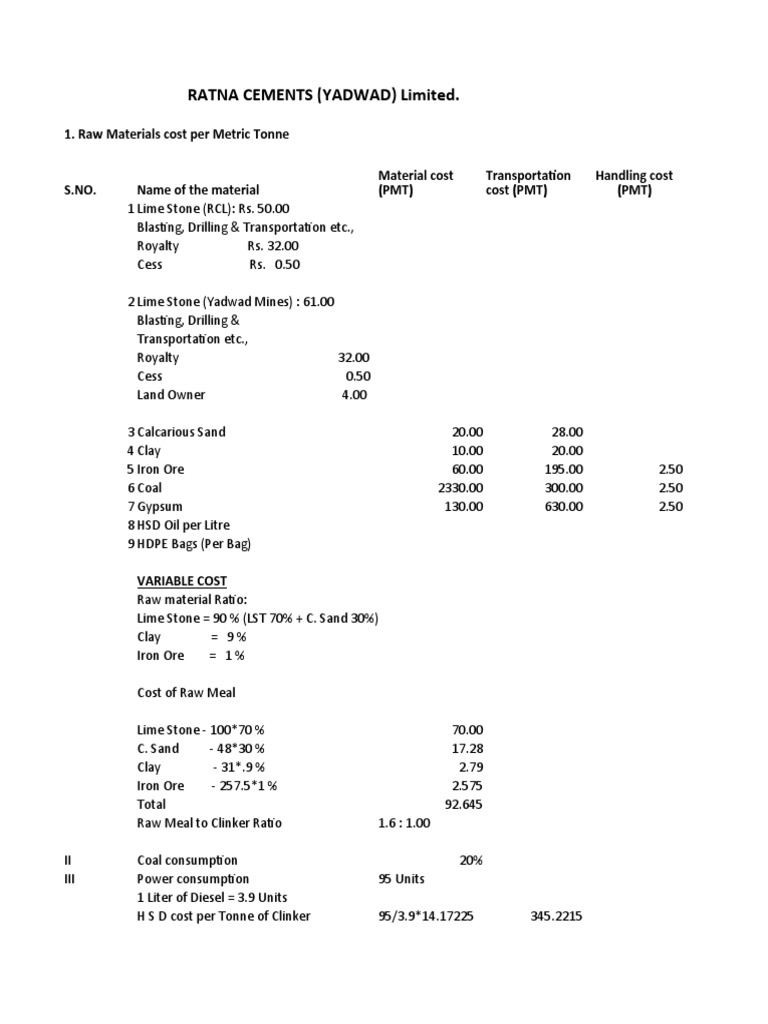 Cement Production Cost Breakdown | PDF | Cement | Materials