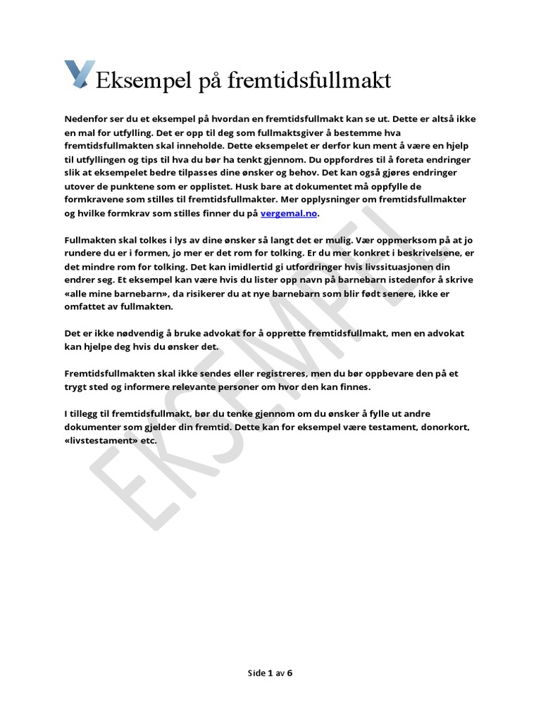 Eksempel På Fremtidsfullmakt 2020 | PDF