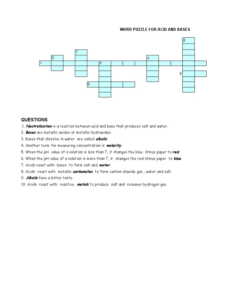 Word Puzzle For Acid and Bases: Questions | PDF