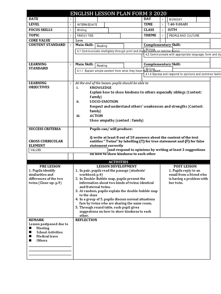 English Lesson Plan Form 3 2020: at The End of The Lesson, Pupils ...