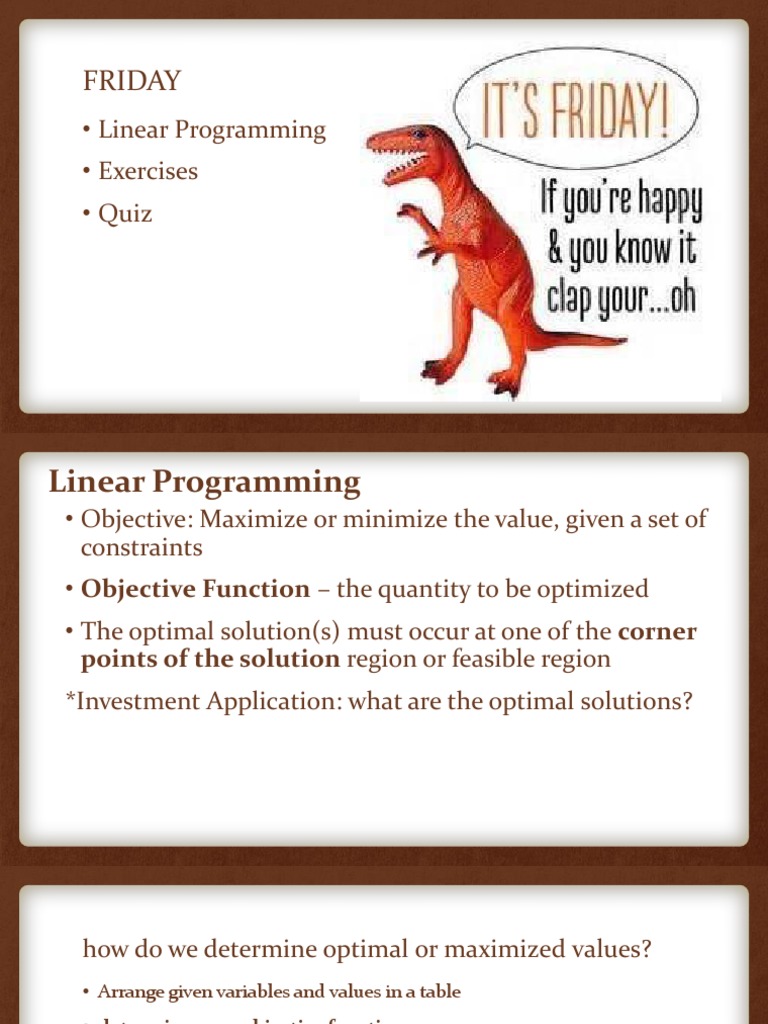 Friday: - Linear Programming - Exercises - Quiz | PDF | Linear Programming | Vertex (Graph Theory)