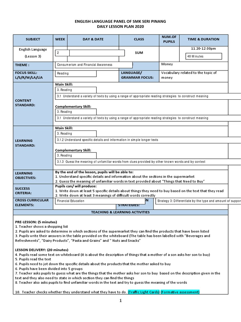 English Language Panel of SMK Seri Pinang Daily Lesson Plan 2020 | PDF ...