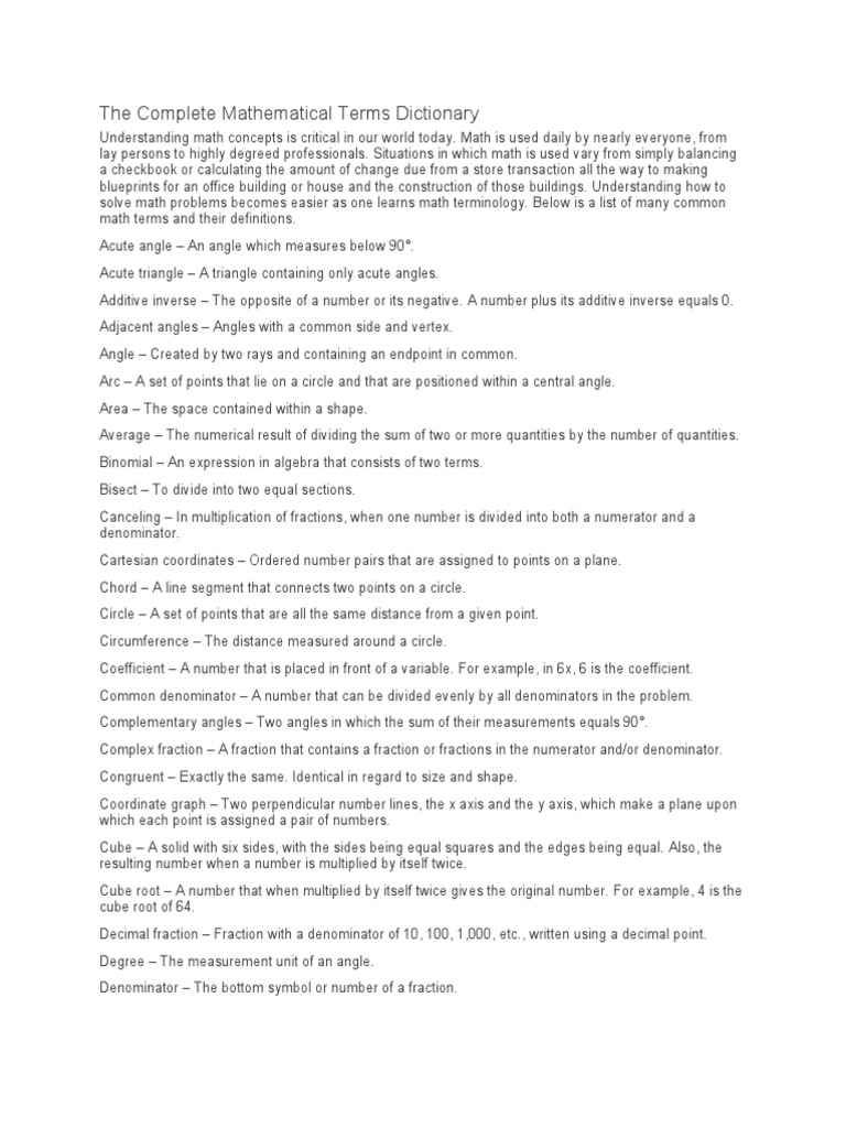 The Complete Mathematical Terms Dictionary | PDF | Fraction ...