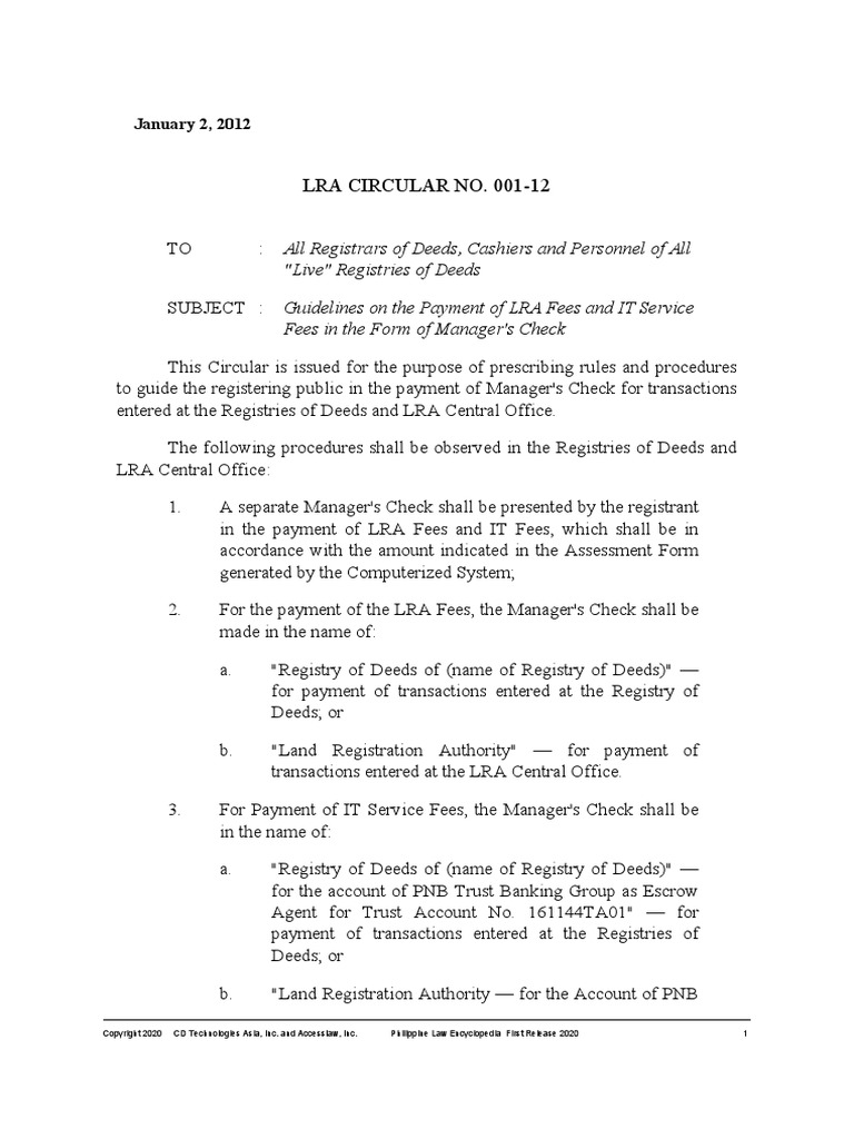 LRA Circular No. 001-12 (02 January 2012) | PDF | Payments | Private Law