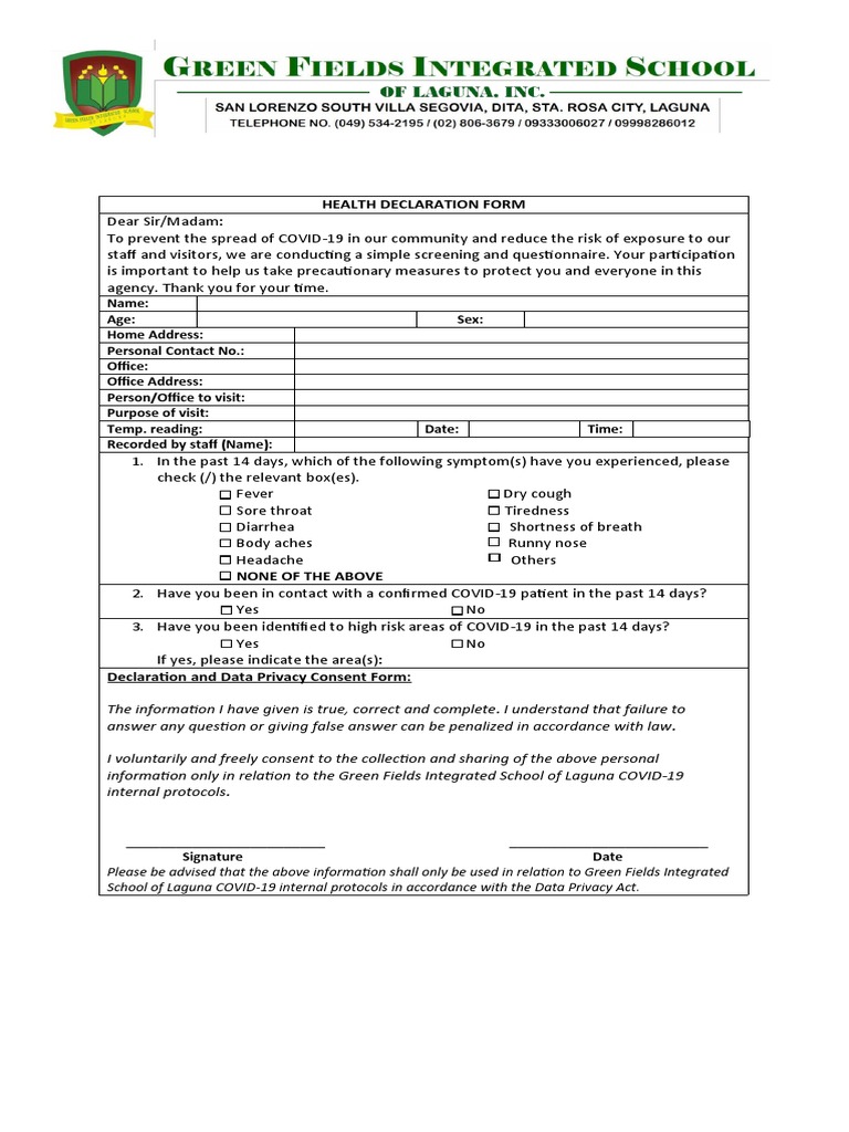COVID-19 Health Declaration Form | PDF