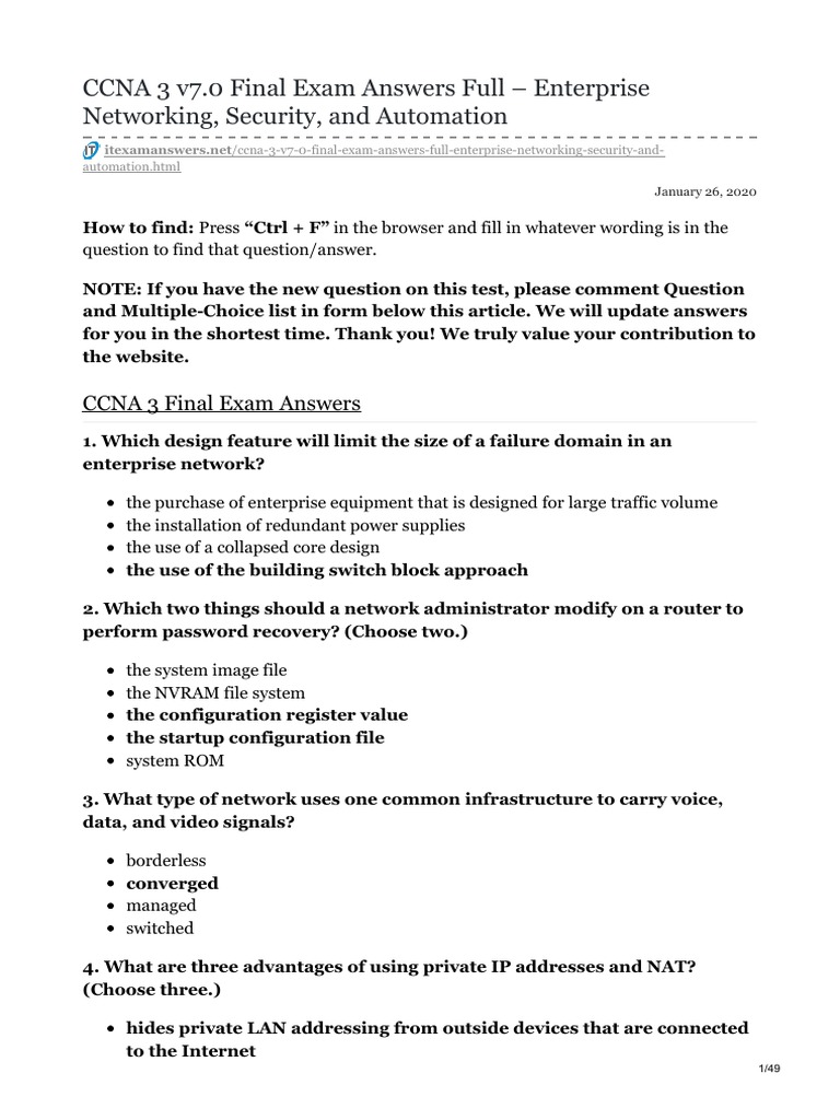 CCNA 3 v70 Final Exam Answers Full Enterprise Networking Security and Automation PDF | PDF ...