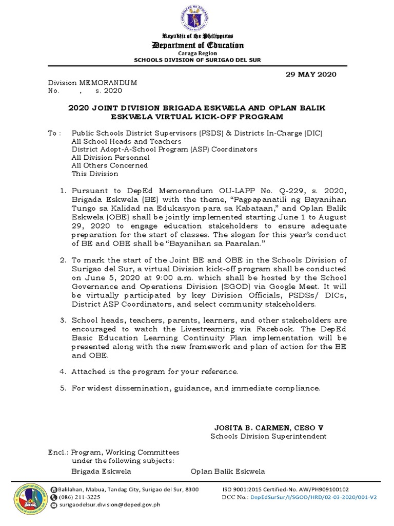2020 Joint Division Brigada Eskwela and Oplan Balik Eskwela Virtual ...