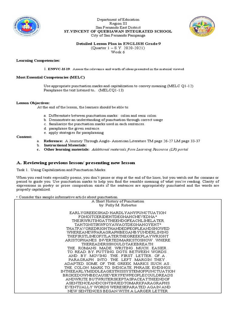 Detailed Lesson Plan in ENGLISH Grade 9: (Quarter 1 - S.Y. 2020-2021 ...