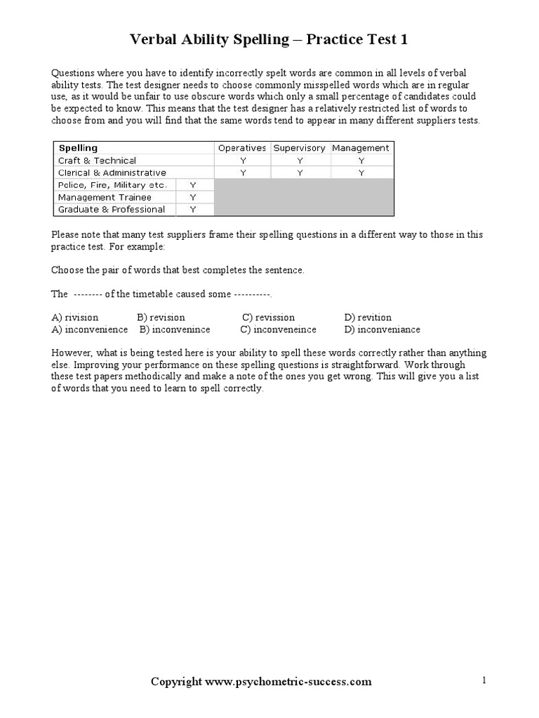 Verbal Ability Spelling - Practice Test 1 | PDF | Psychometrics | Cognition
