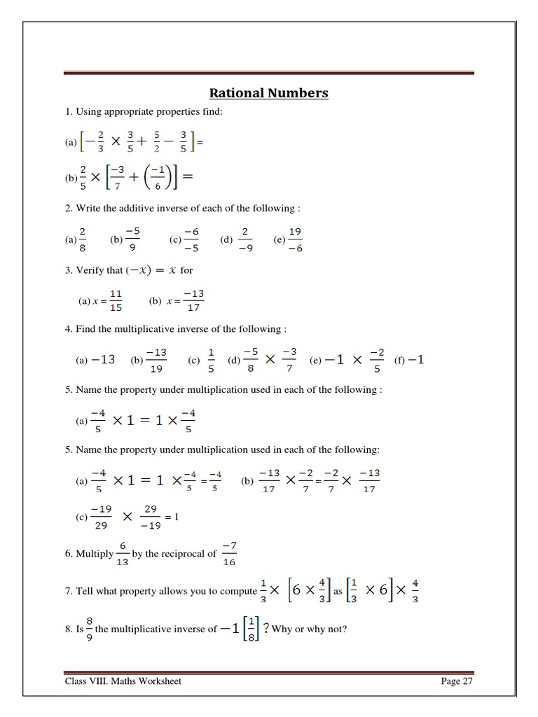 Rational Numbers: Class VIII. Maths Worksheet | PDF | Multiplication ...