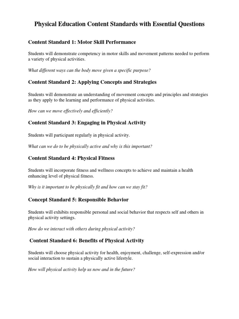 Physical Education Content Standards With Essential Questions | PDF