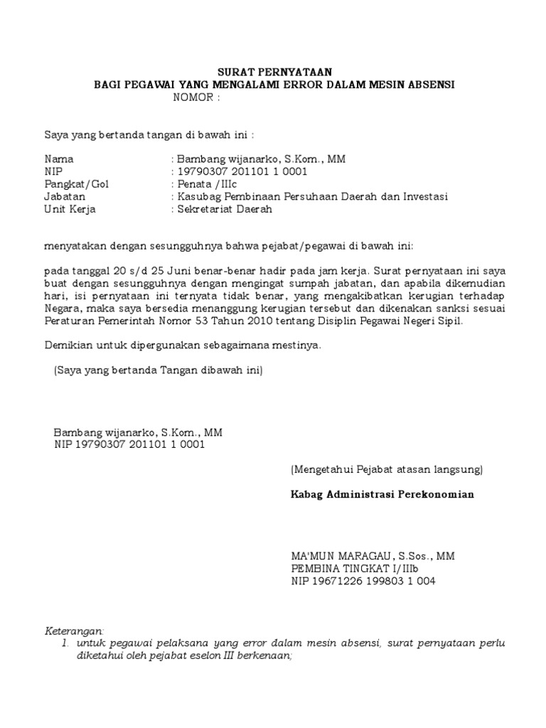 Surat Keterangan Lupa Absen | PDF