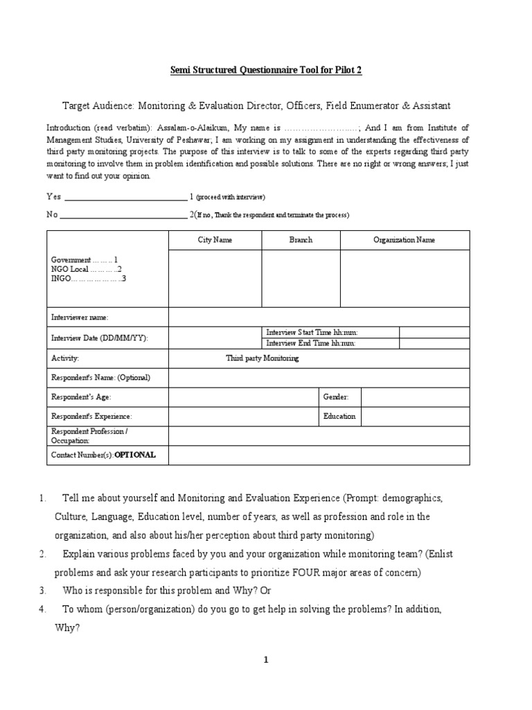 Semi Structured Questionnaire Tool For Pilot 2 | PDF ...