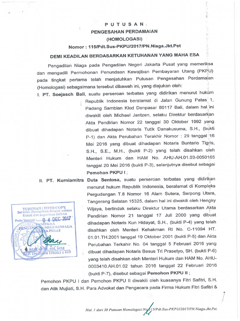 Putusan Perdamaian Homologasi PT MSI Okt 2017 | PDF