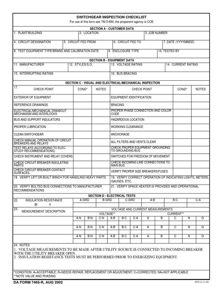 Switchgear Inspection Checklist: Section A - Customer Data | PDF ...