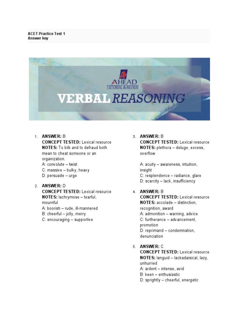 ACET Practice Test 1 Answer Key | PDF | Elementary Mathematics ...