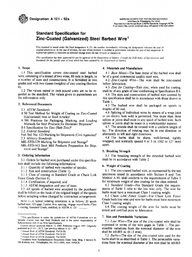 ASTM-A121-92a Barbed Wire PDF | PDF
